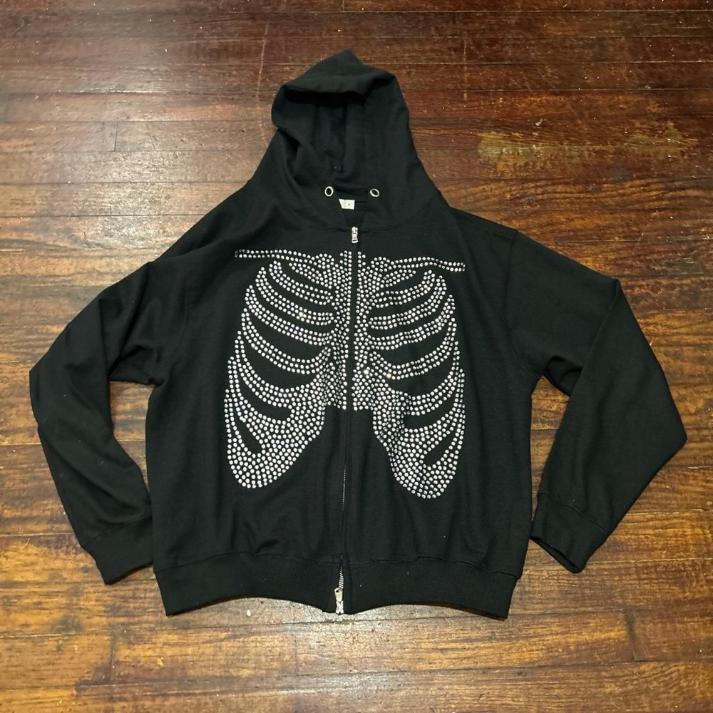 Mnml Rhinestone Skeleton Zip Up Hoodie - Gem
